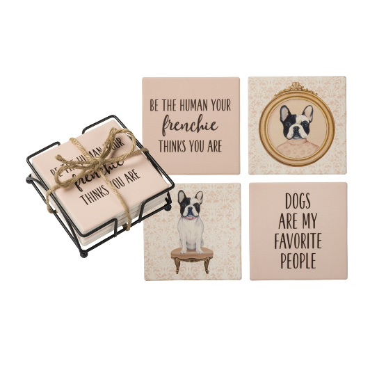 Stone Coaster Set with Holder - Frenchie | Fuzzy Creek Pet Supplies